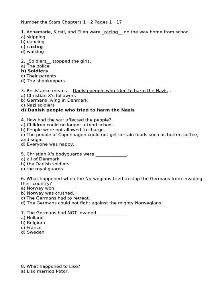 Number The Stars Chapters Questions | PDF