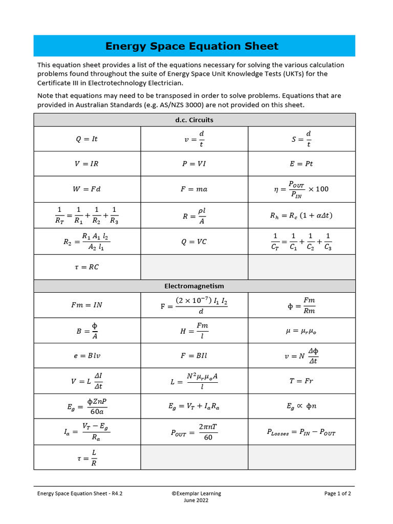 Energy Space Equation Sheet - R4.2 | PDF