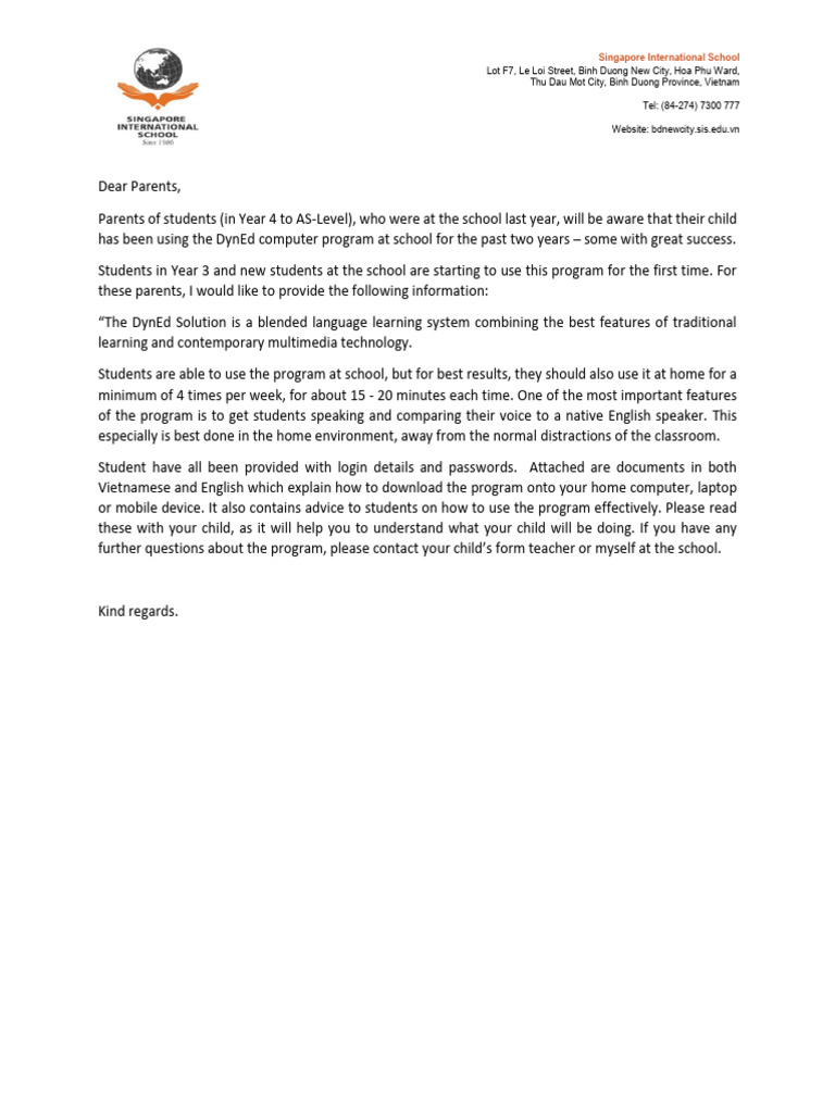 DynEd Letter To Parents - MW - ENVN | PDF