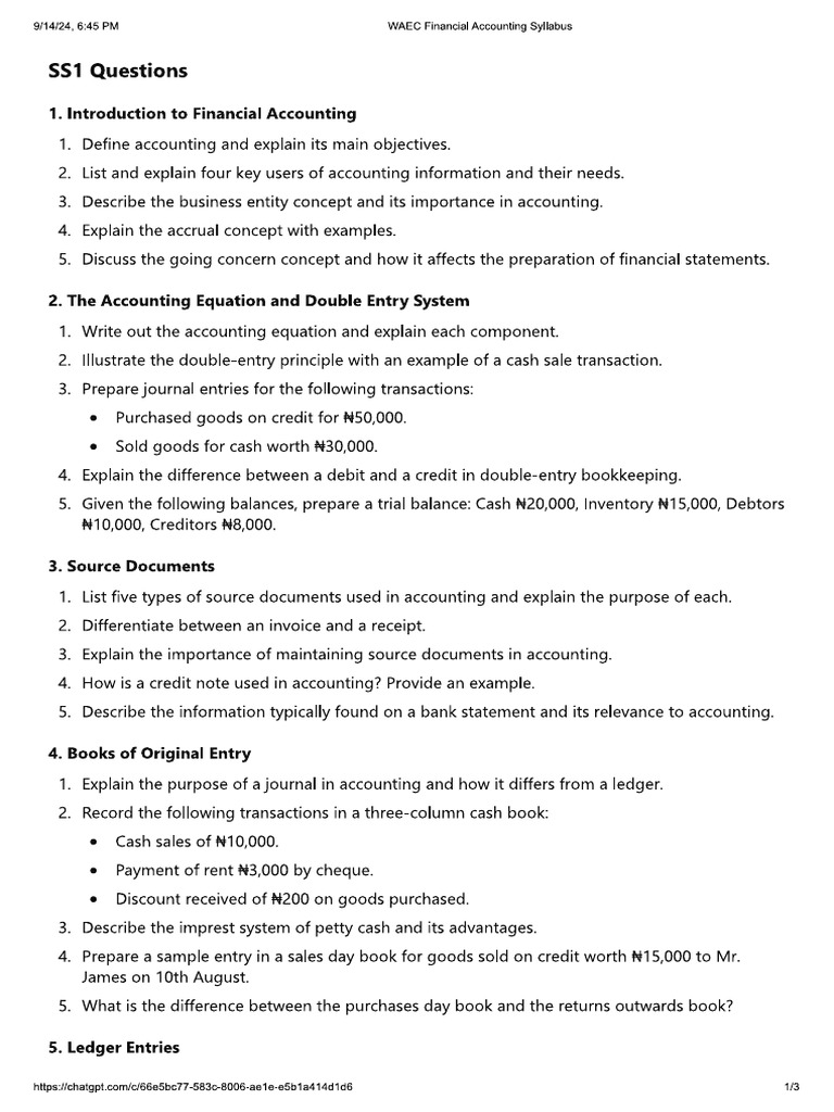 WAEC Financial Accounting Syllabus ss1 and ss2 Revision Test | PDF
