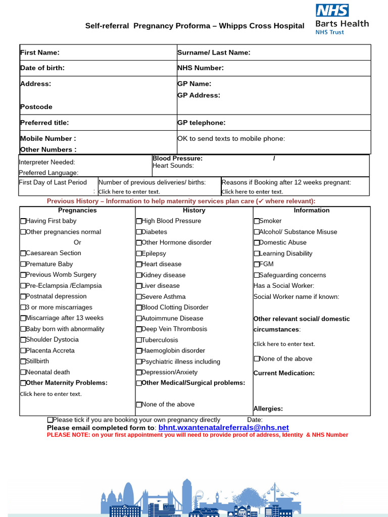 Antenatal Self Referral Form Whipps Cross Hospital | PDF