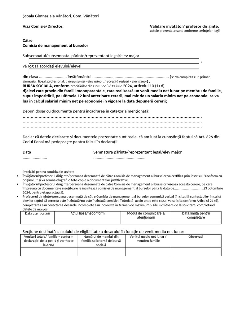 E D - Cerere Bursa Sociala Pentru Venit Mediu Net Lunar. | PDF