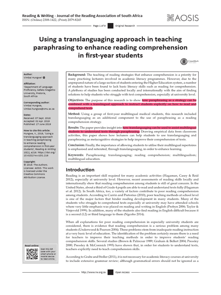 Paraphrasing in Reading | PDF