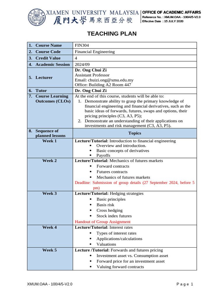 2.4 Teaching Plan FIN304 202409 | PDF