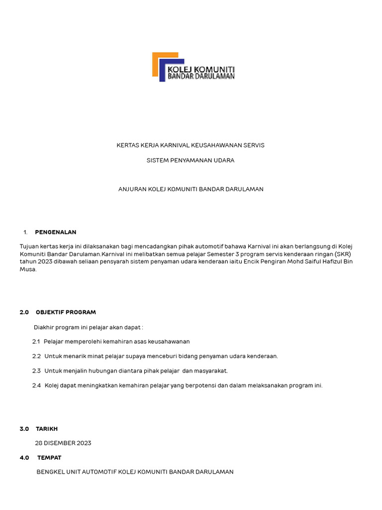 Kertas Kerja Karnival Keusahawanan Servis Fi | PDF