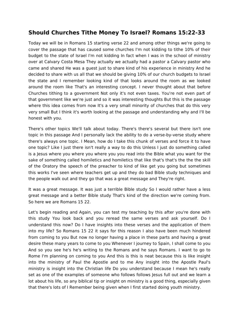 Should Churches Tithe Money To Israel - Romans 15 - 22-33 | PDF