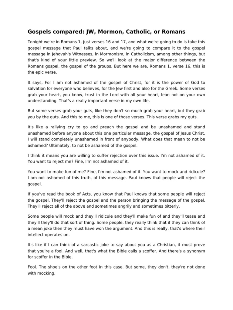 Gospels Compared - JW, Mormon, Catholic, or Romans | PDF