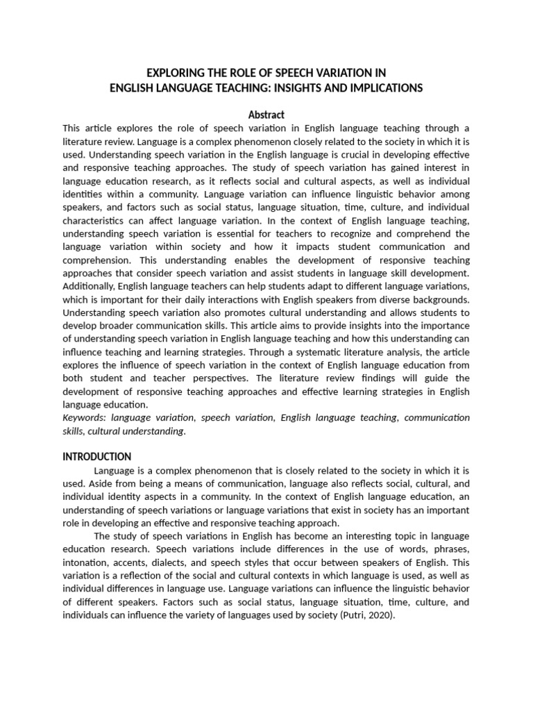 Exploring The Role of Speech Variation in | PDF | Language Education ...