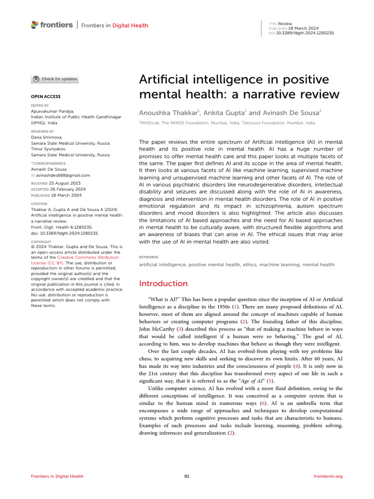 Artificial Intelligence in Positive Mental Health: A Narrative Review | PDF