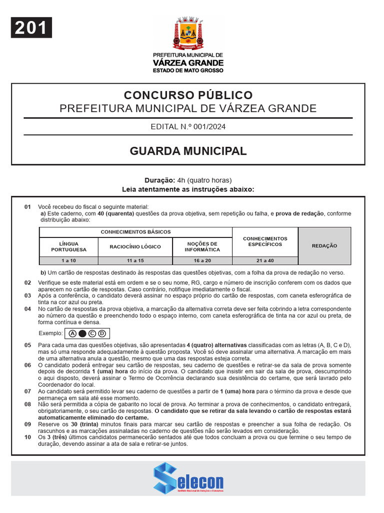 Selecon 2024 Prefeitura de Varzea Grande MT Guarda Municipal Prova | PDF