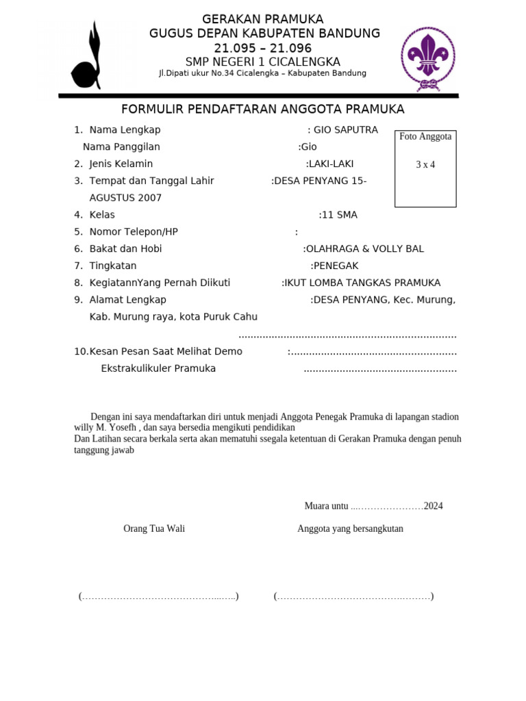 Formulir Pendaftaran Pramuka | PDF