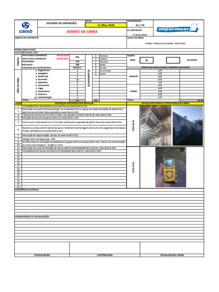 Diario de Obra - Brasilia (RAP - PPL 002) CAESB - 11-05-20 | PDF