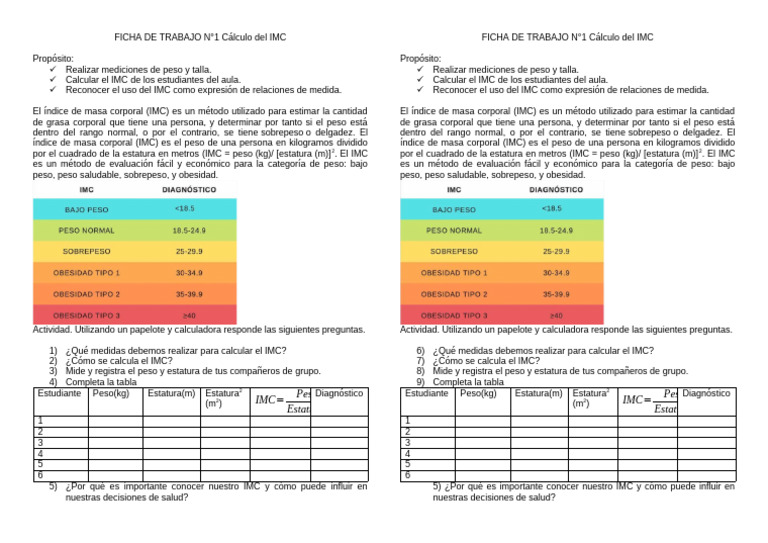 FICHA DE TRABAJO N calculo imc | PDF