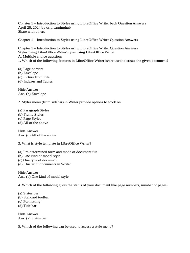 Digital Documentation Cphater 1 - Introduction To Styles Using LibreOffice Writer Back Question ...