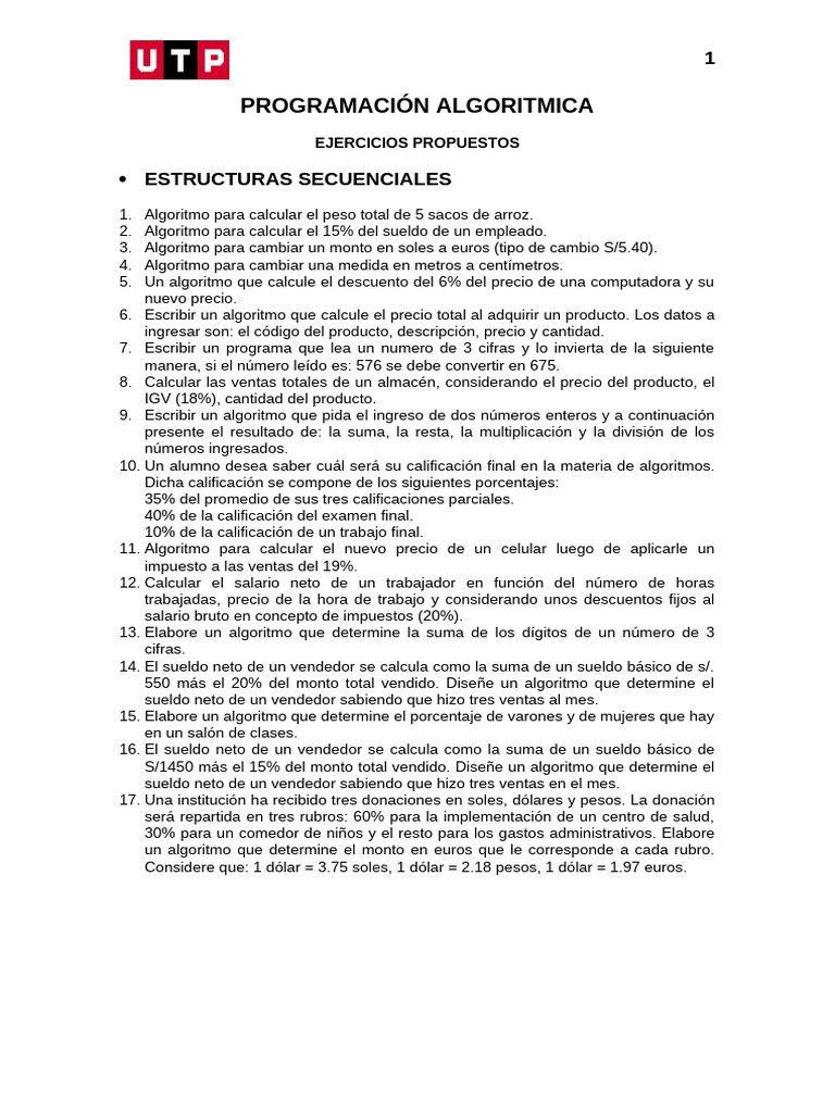 Utp-Ejercicios de Algoritmos | PDF