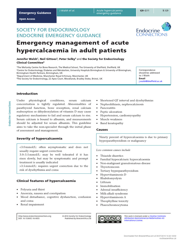 Emergency Guidance Acute Hypercalcaemia in Adults | PDF