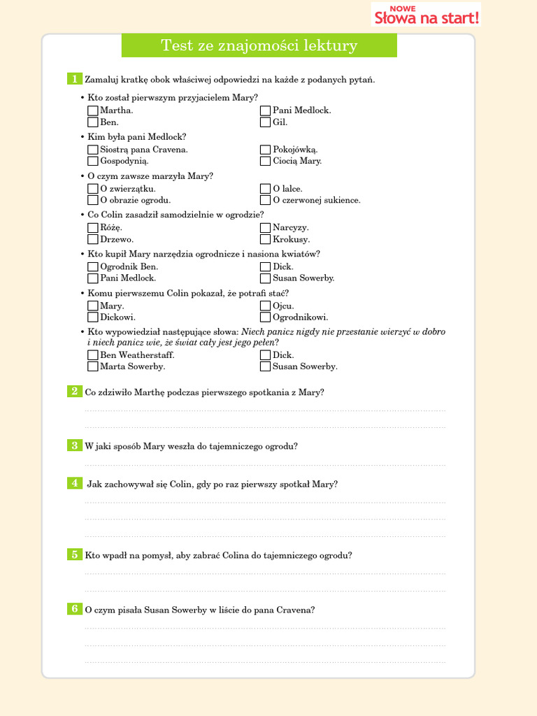 Tajemniczy Ogrod Lektura Uzupelniajaca Test Ze ZN | PDF