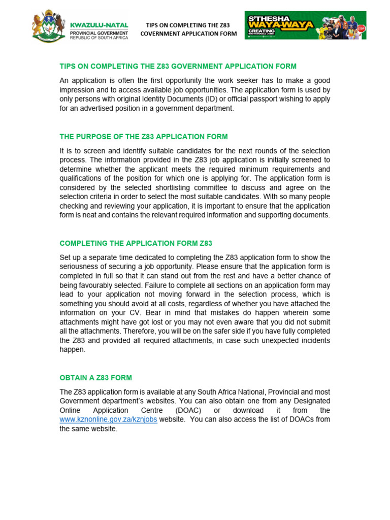 TIPS ON COMPLETING THE Z83 GOVERNMENT APPLICATION FORM v1 20230810 | PDF