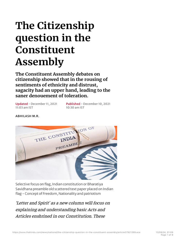 The Citizenship Question in The Constituent Assembly - The Hindu | PDF