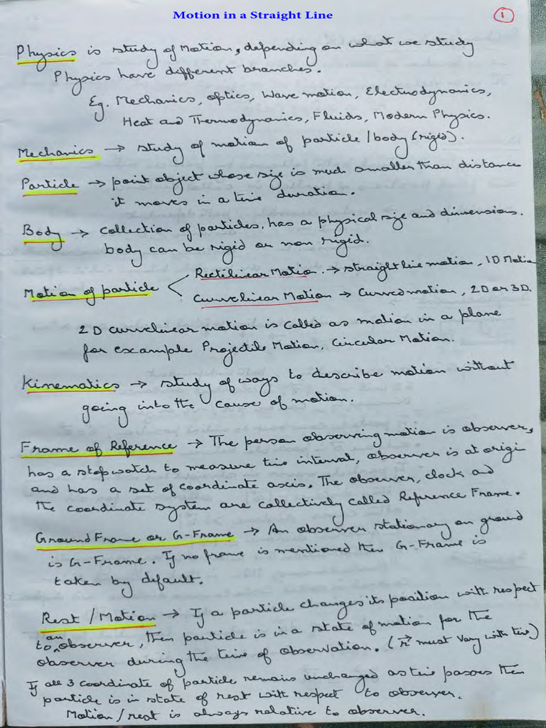 Motion in A Straight Line: Handwritten Notes - Arjuna JEE 2.0 2025 | PDF