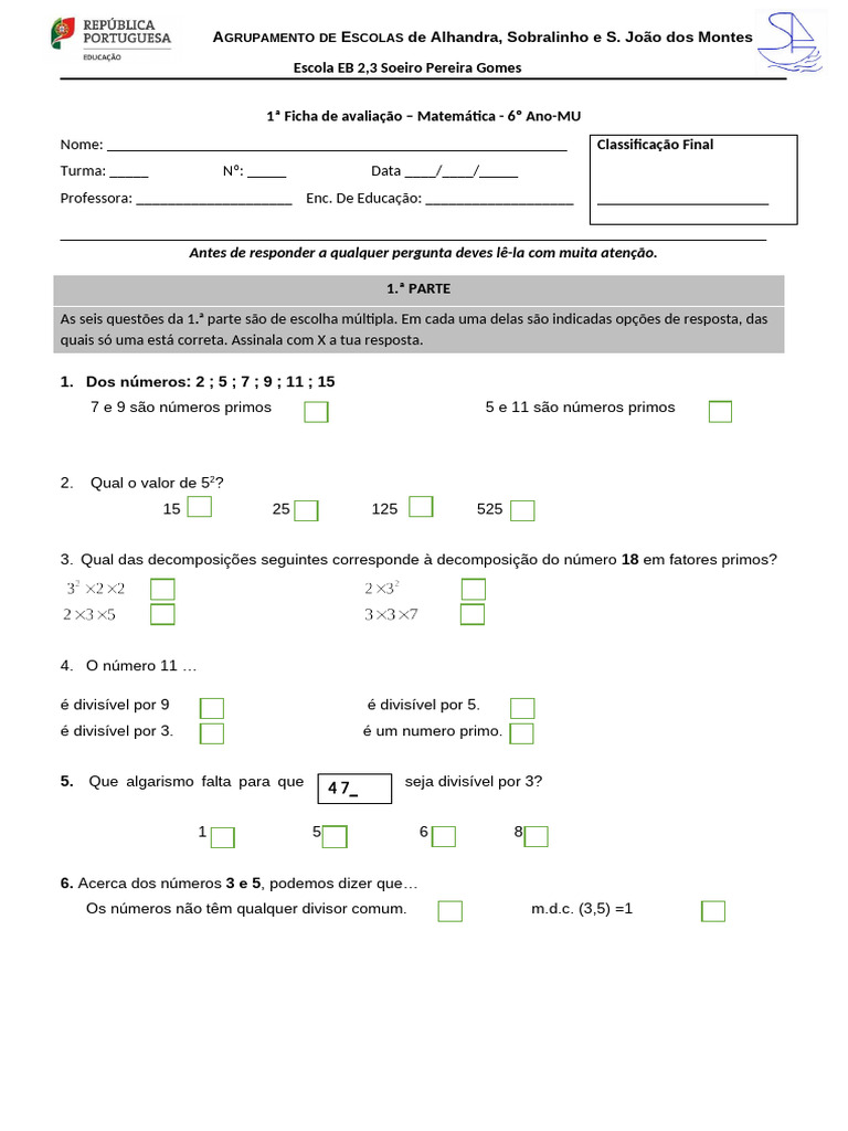 1º Teste MAT6 - MU | PDF