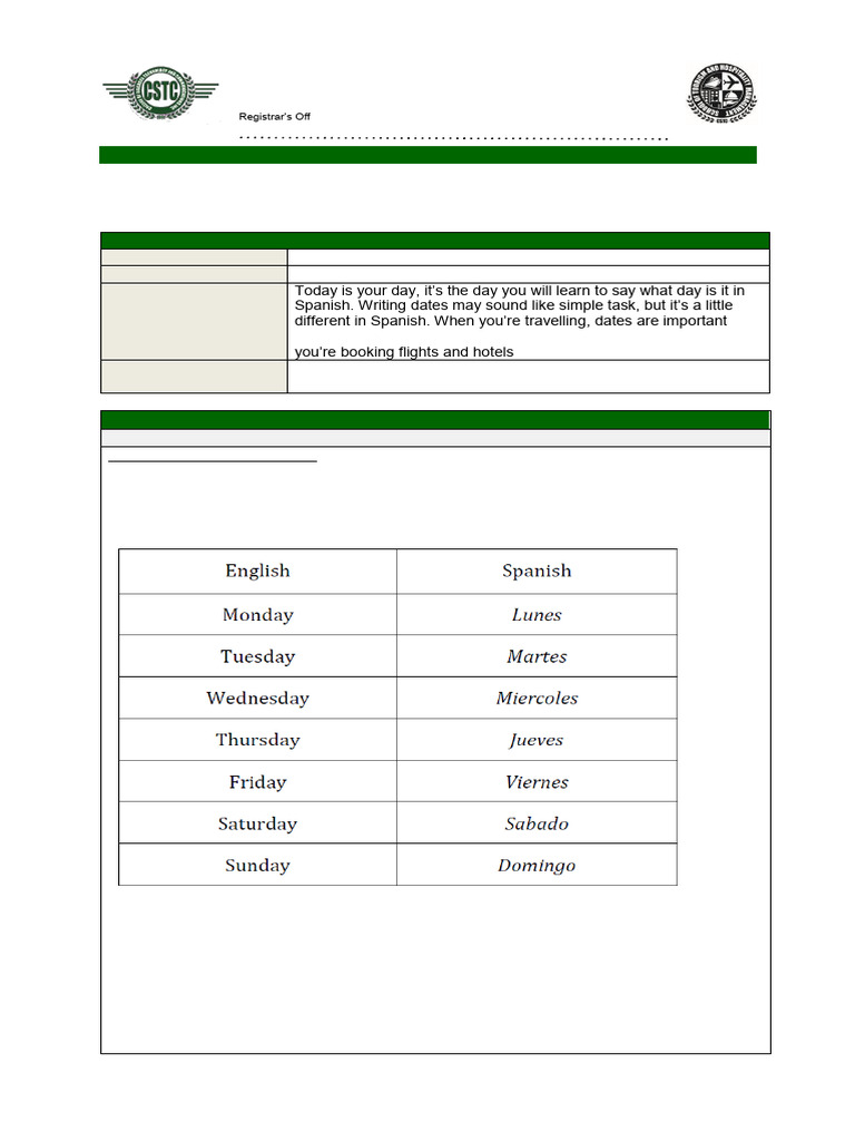 FL1-Lesson3Days and Dates in Spanish | PDF