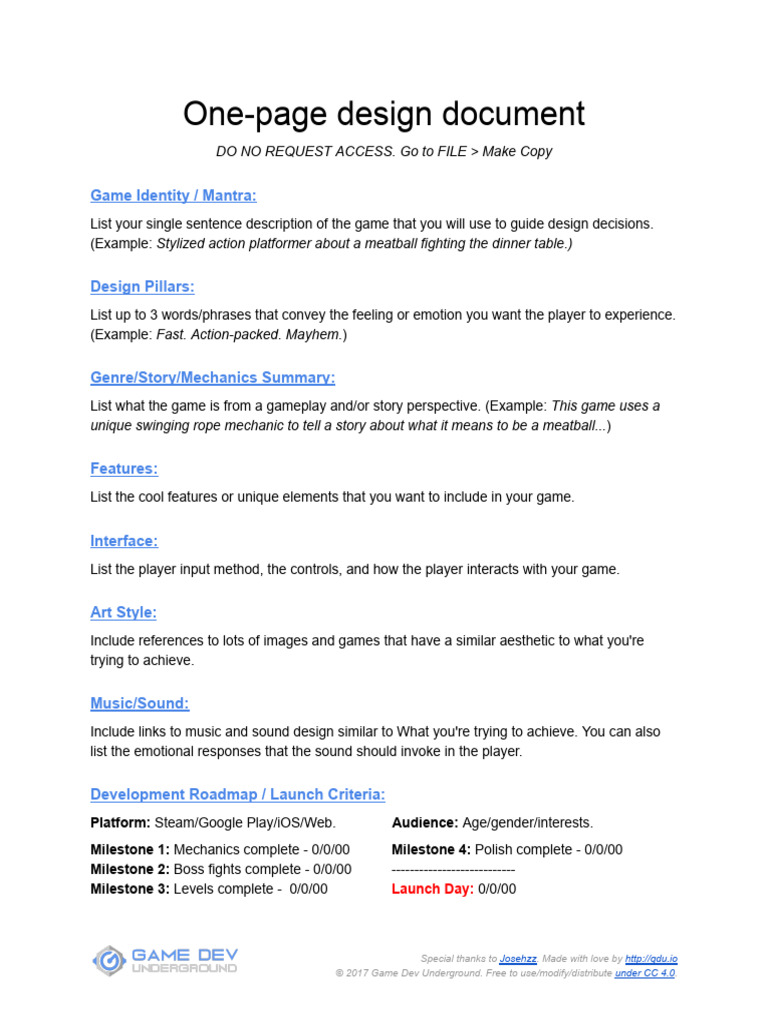 One Page Game Design Document Template | PDF