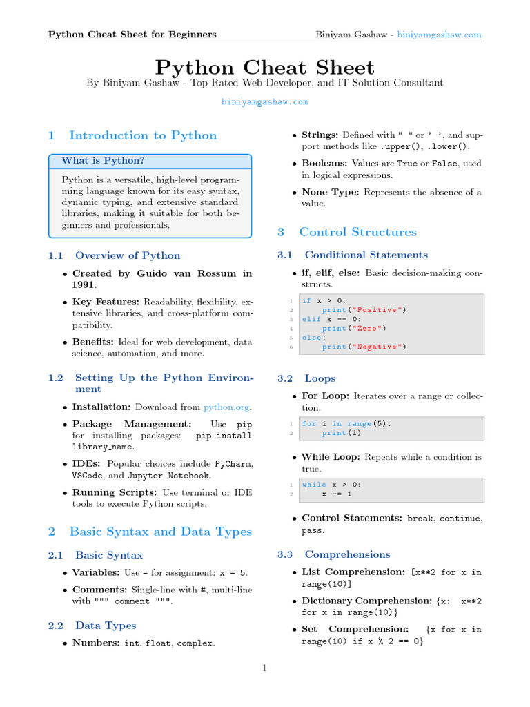Python Cheat Sheet by Bini | PDF