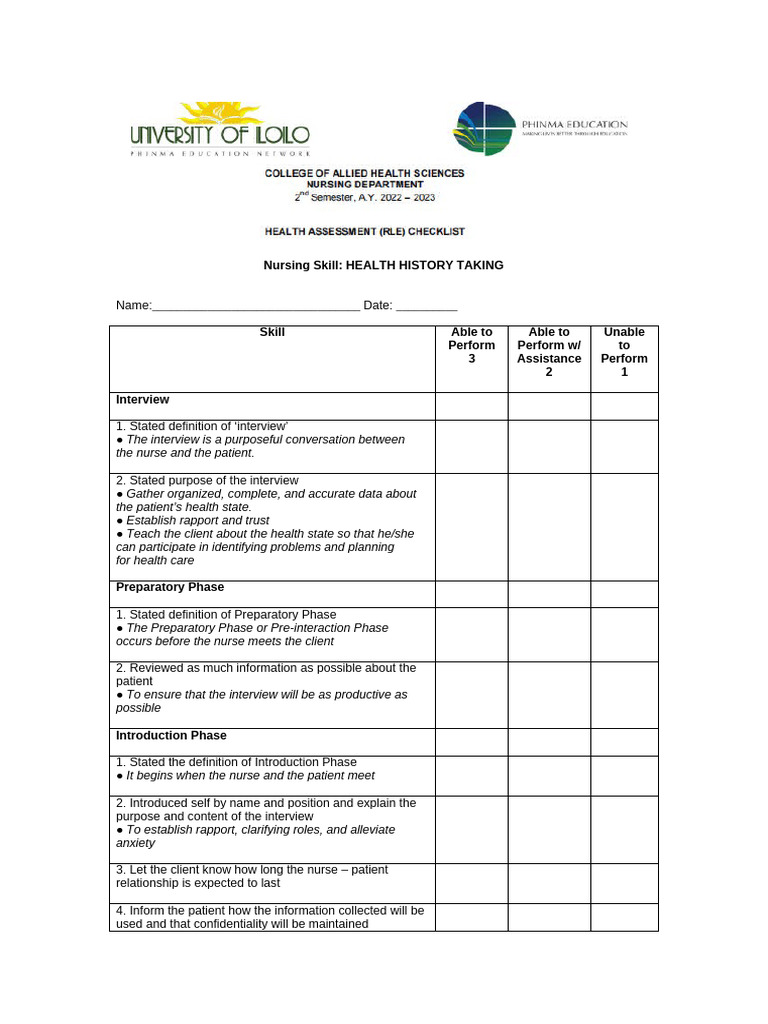 Health History Taking Checklist | PDF