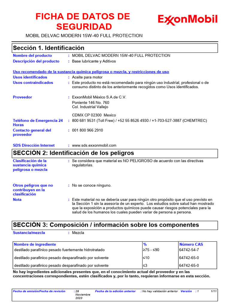 Ficha de Seguridad Mobil Delvac 15W-40 | PDF | Agua | Contaminación