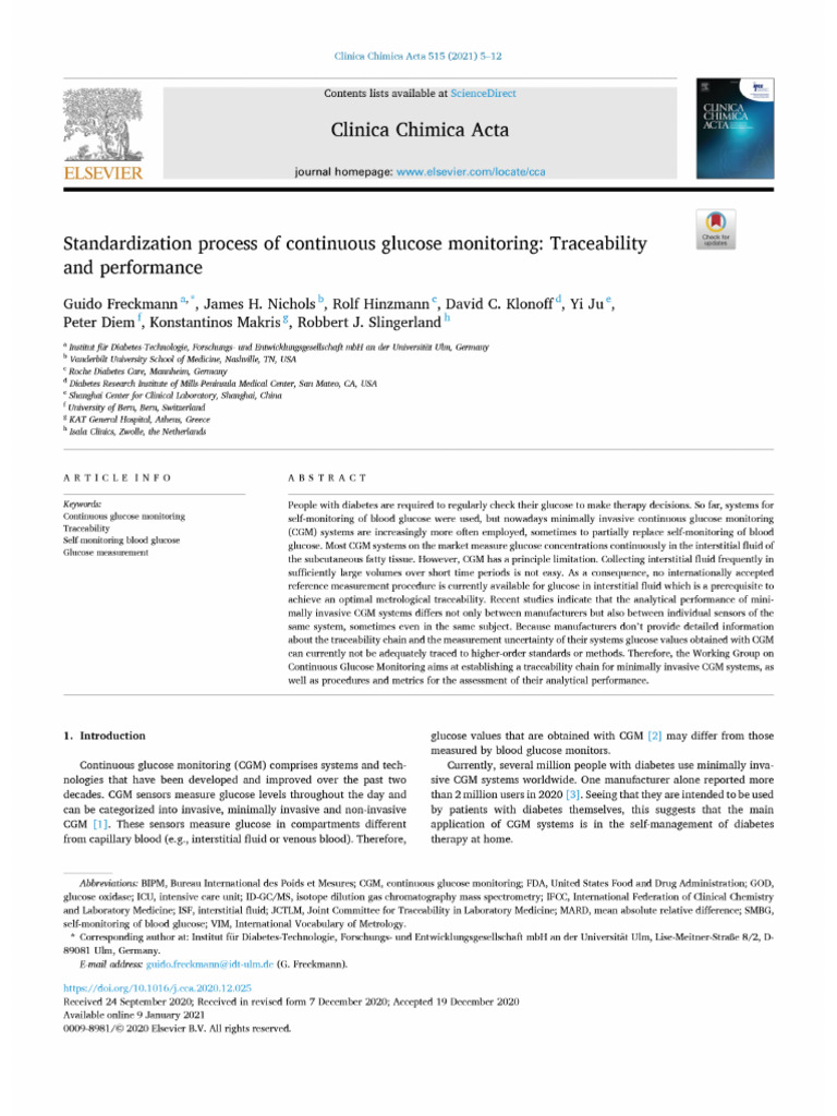 Standardization Process of Continuous Glucose Monitoring - Traceability and Performance. | PDF