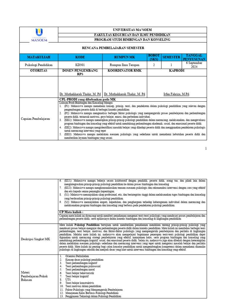 RPS Psikologi Pendidikan 2024 | PDF