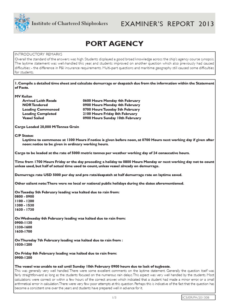 Port Agency - 2013 August Questions With Examiners Report | PDF