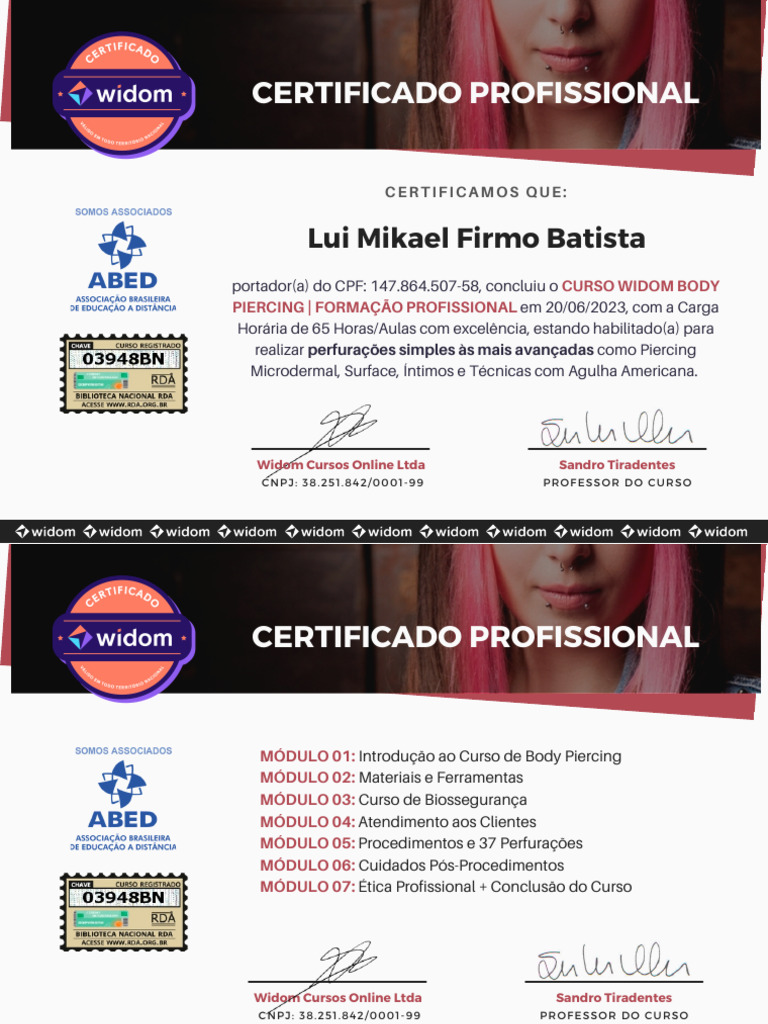 Certificado Widom Body Piercing Lui | PDF