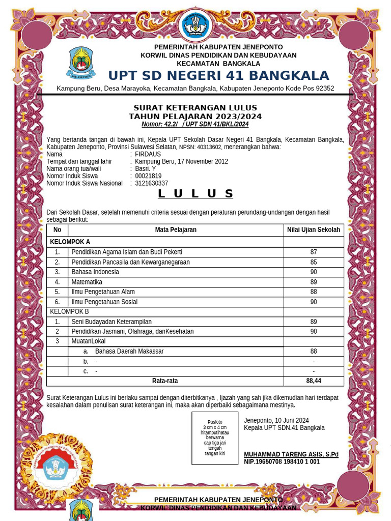 Surat Keterangan Lulus SD 2023/2024 | PDF