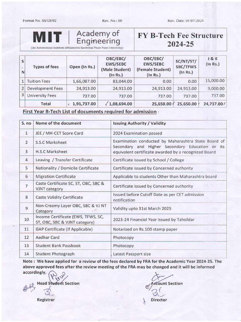 First Year BTech Fee Structure 24 25 | PDF
