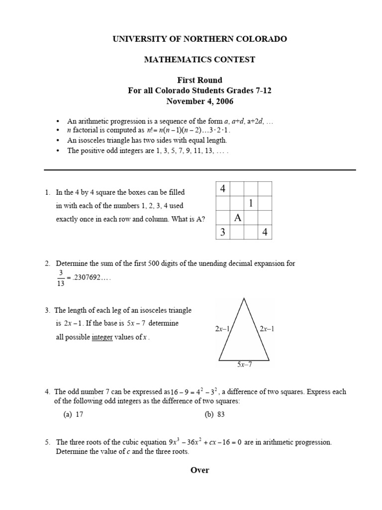 University of Northern Colorado Mathematics Contest First Round For All ...