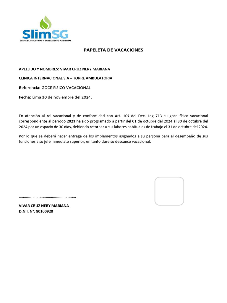 Vacaciones Vivar Cruz Nery | PDF