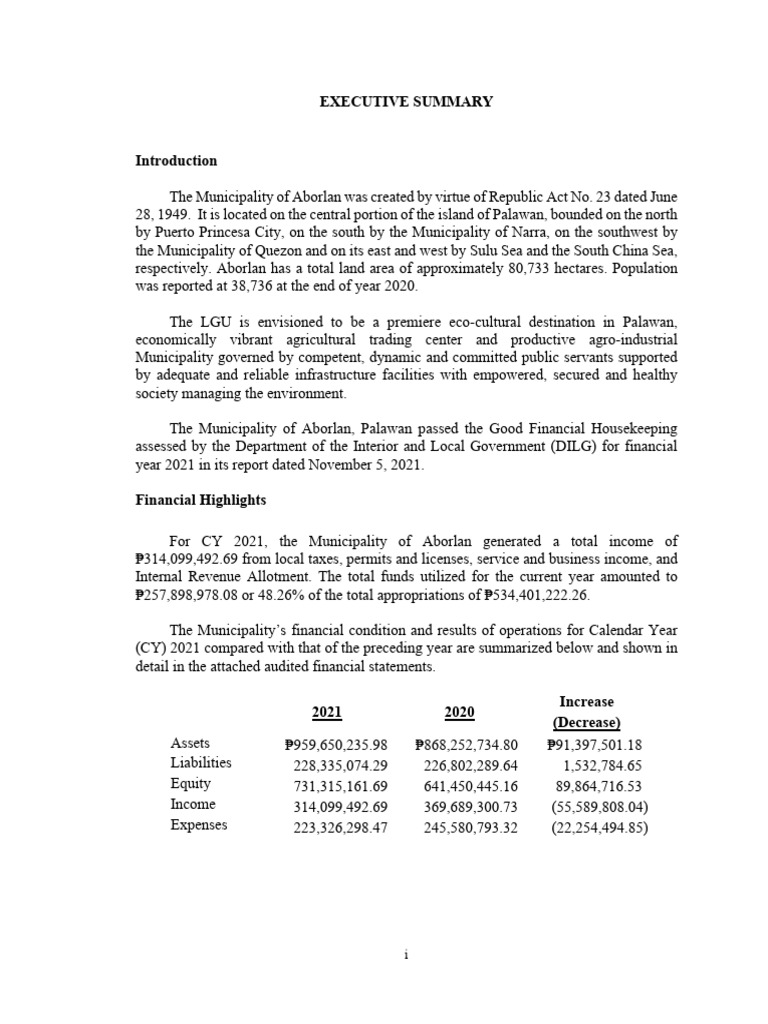 Aborlan Executive Summary 2021 | PDF