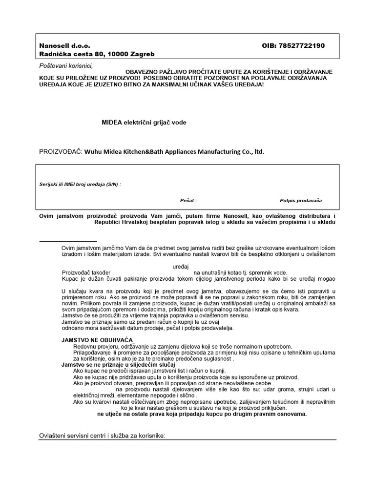 Midea Bojler Jamstveni List - 2p | PDF