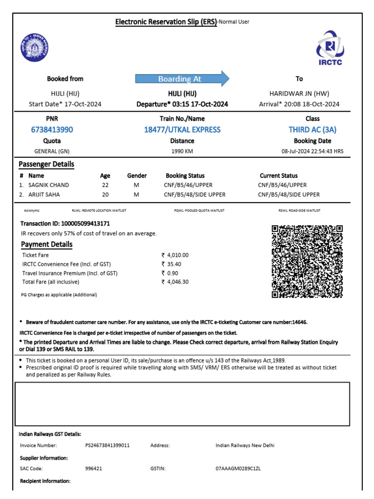 18477/utkal Express Third Ac (3A) | PDF