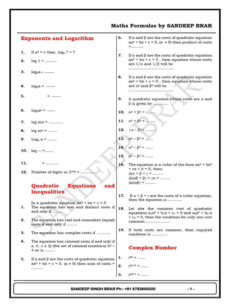 Maths Formulae by Sandeep Brar | PDF