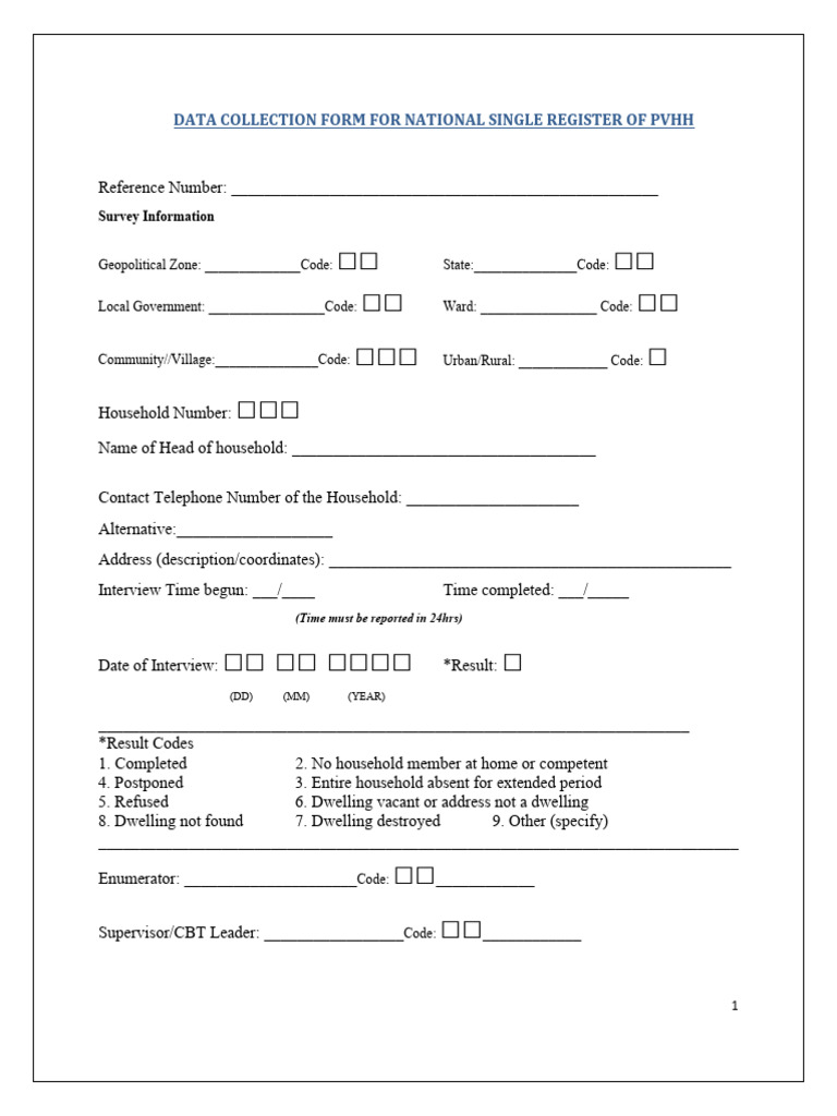 Data Collection Form For National Single Register of PVHH | PDF ...