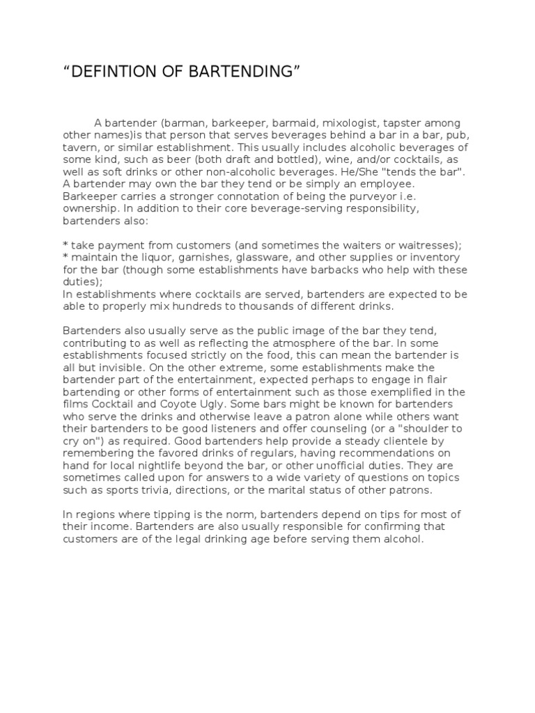 Defintion of Bar Tending | PDF | Bar | Bartender