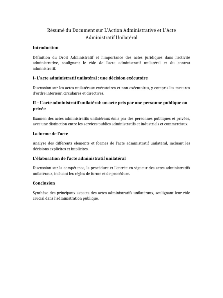 Resume Document Action Administrative Acte Administratif Unilateral | PDF