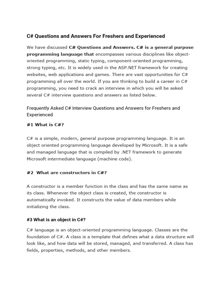 C# Questions and Answers For Freshers and Experienced | PDF