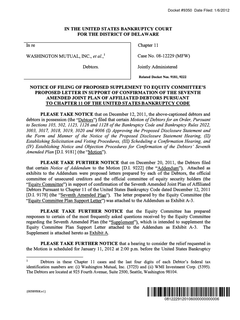 Washington Mutual (WMI) - Supplement To Equity Committee's Proposed ...