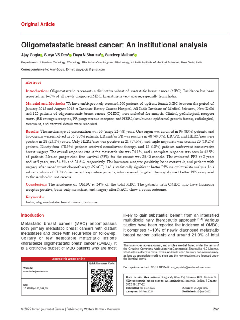 Oligometastatic Breast Cancer An Institutional.15 | PDF