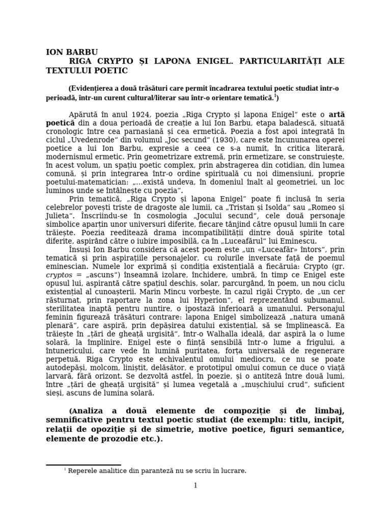 Ion Barbu. Riga Crypto Si Lapona Enigel | PDF