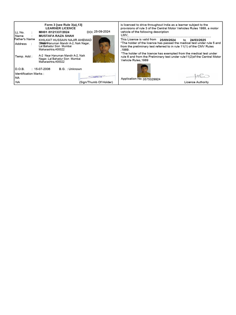 Mustafa Raza Shah - LLR | PDF | Transport | Vehicle Operation